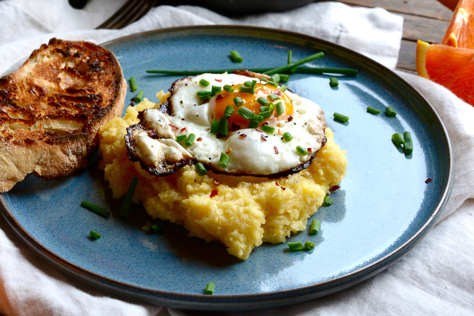 Creamy Mascarpone Polenta with Crispy Fried Eggs - Ciao Chow Bambina